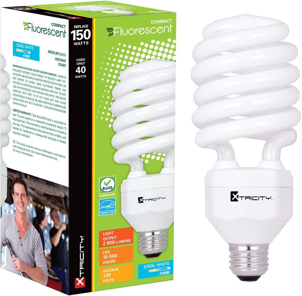 Xtricity CFL Bulb, 4100K Cool White, 150W Eqv (40W) High Lumen, Compact Fluorescent Light Bulb 150W Equivalent, 2650 Lumens, T4 Spiral - E26 Medium Base, 120V, Daylight (Pack 1)