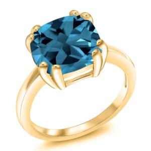 gem stone king 18k yellow gold plated silver london blue topaz ring for women (5.20 cttw, cushion 10mm, gemstone birthstone, available in size 5, 6, 7, 8, 9)