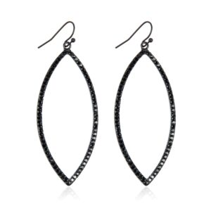 riah fashion sparkly rhinestone lightweight geometric hoop drop earrings - teardrop, pear, oval, marquise, circle, multi cubic crystal, acrylic pearl dangles (pointy leaf - black)