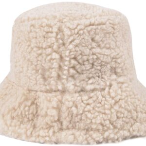 ChezAbbey Faux Fur Bucket Hat, Fuzzy Furry Winter Warm Fisherman Cap, Fluffy Teddy Sherpa Clothe Hats for Women Men Girls Beige