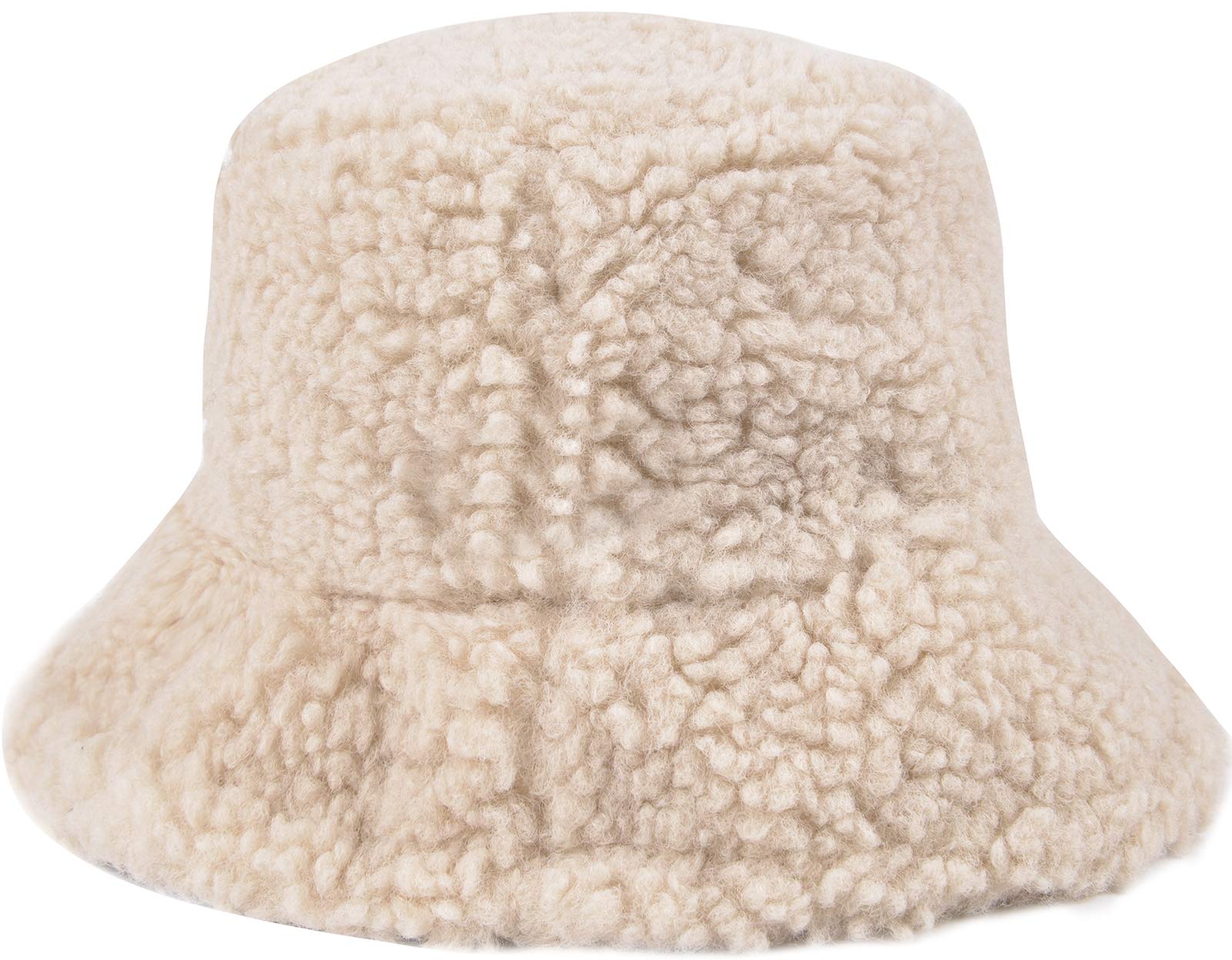 ChezAbbey Faux Fur Bucket Hat, Fuzzy Furry Winter Warm Fisherman Cap, Fluffy Teddy Sherpa Clothe Hats for Women Men Girls Beige