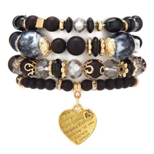 lubingshine boho multilayer crystal beads heart charm bracelets for women vintage man bracelets yoga bangles wrap bracelet ethnic jewelry (black)