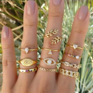 missgrace stackable dainty gold color boho rhinestones rings set festival bohemian rings set beach and vacation summer jewelry knuckle rings tribal accessory for women and girls 11 (style 8)