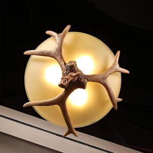 Antler Chandelier Rustic Retro Chandelier Faux Resin Antler Ceiling Light Fixture Frosted Glass Light Kitchen Farmhouse Restaurant Island Bedroom Loft Aisle 3 Light, Easy to Install