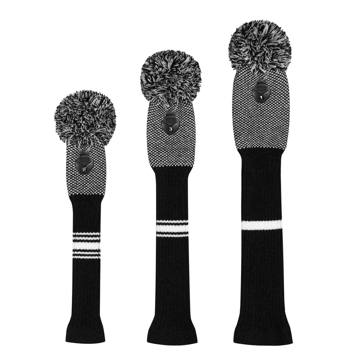 Scott Edward Knit Golf Club Cover Set of 3 Black and White Dot Fish Scale Pattern Protect Driver Wood(460cc) Fairway Wood and Hybrid/UT with Rotating Club Number Tags