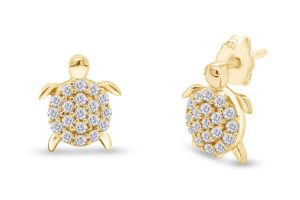 round white cubic zirconia turtle stud earrings 14k yellow gold over sterling silver