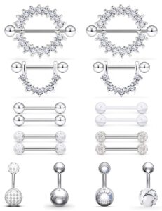 hoeudjo 16pcs 14g surgical steel nipple rings tongue belly button rings cz barbell body piercing jewelry retainer for women men silver-tone