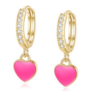 14k gold plated pink heart dangle drop earrings for women cz huggie hoops charm earrings dangling hot pink enamel love heart earrings dainty cute valentines day trendy jewelry