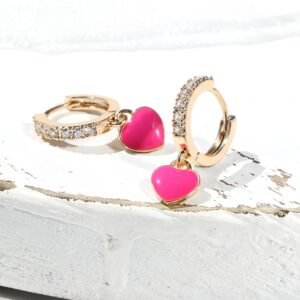 14K Gold Plated Pink Heart Dangle Drop Earrings for Women CZ Huggie Hoops Charm Earrings Dangling Hot Pink Enamel Love Heart Earrings Dainty Cute Valentines Day trendy Jewelry