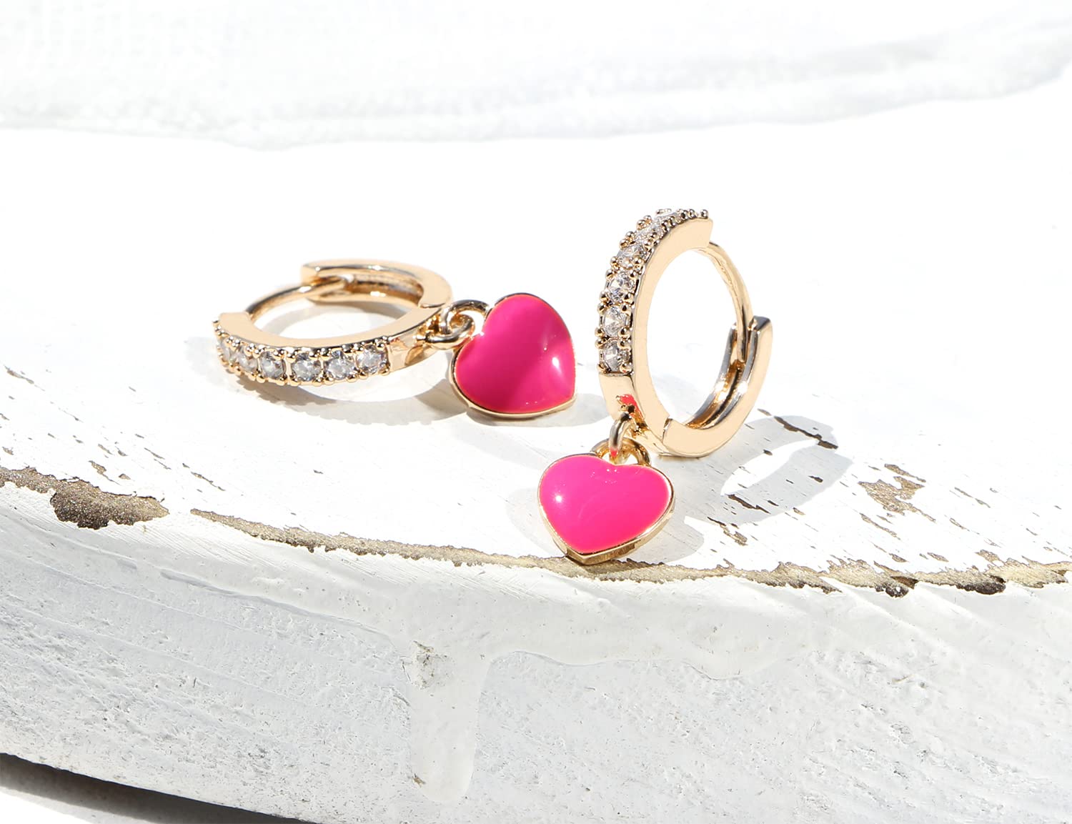 14K Gold Plated Pink Heart Dangle Drop Earrings for Women CZ Huggie Hoops Charm Earrings Dangling Hot Pink Enamel Love Heart Earrings Dainty Cute Valentines Day trendy Jewelry