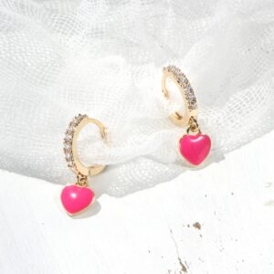 14K Gold Plated Pink Heart Dangle Drop Earrings for Women CZ Huggie Hoops Charm Earrings Dangling Hot Pink Enamel Love Heart Earrings Dainty Cute Valentines Day trendy Jewelry