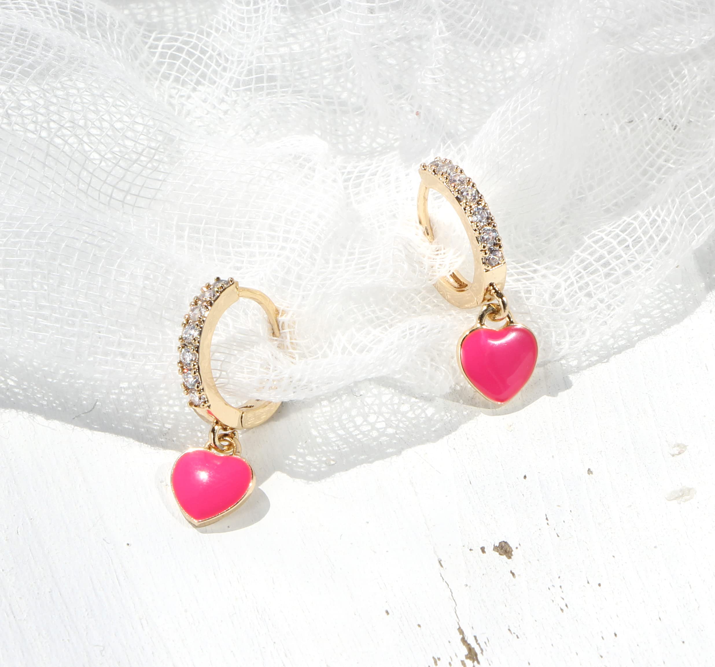 14K Gold Plated Pink Heart Dangle Drop Earrings for Women CZ Huggie Hoops Charm Earrings Dangling Hot Pink Enamel Love Heart Earrings Dainty Cute Valentines Day trendy Jewelry