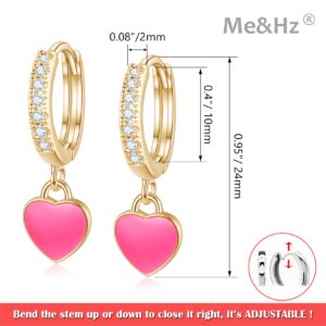 14K Gold Plated Pink Heart Dangle Drop Earrings for Women CZ Huggie Hoops Charm Earrings Dangling Hot Pink Enamel Love Heart Earrings Dainty Cute Valentines Day trendy Jewelry