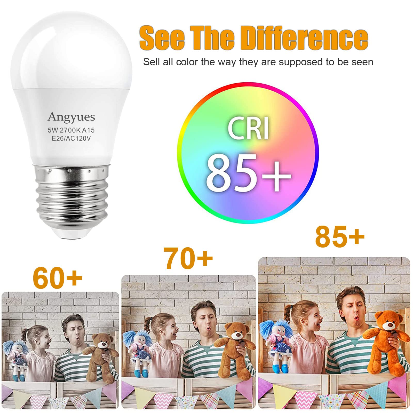 Angyues LED Bulb 120V 40W Equivalent Light Bulb, A15 LED Bulb Warm White 2700K Energy Saving Bulb, E26 Medium Screw Base Suitable for Domestic Bulbs 4 Pack