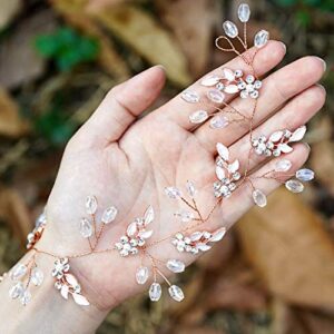 unicra leaf wedding hair vine flower bridal hair piece crystal rhinestone long headband for women and girls (rose gold)