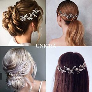 Unicra Leaf Wedding Hair Vine Flower Bridal Hair Piece Crystal Rhinestone Long Headband for Women and Girls (Rose Gold)