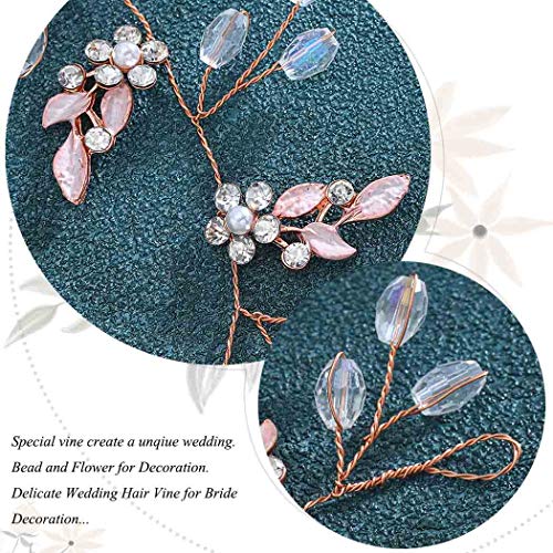 Unicra Leaf Wedding Hair Vine Flower Bridal Hair Piece Crystal Rhinestone Long Headband for Women and Girls (Rose Gold)