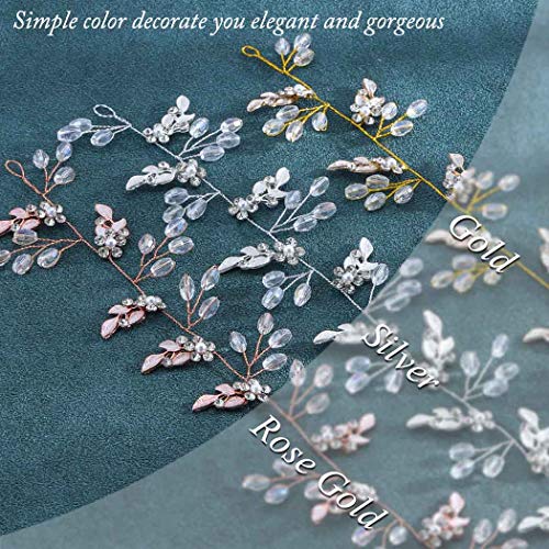 Unicra Leaf Wedding Hair Vine Flower Bridal Hair Piece Crystal Rhinestone Long Headband for Women and Girls (Rose Gold)