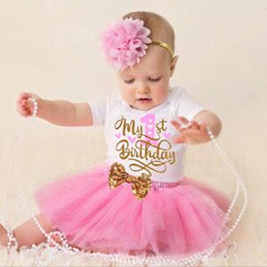 GRNSHTS Baby Girl Birthday Cake Smash Outfit Toddler Girl My 1st Birthday Romper Tutu Skirt with Headband Clothes Set (Hot Pink, 12-15 Months)