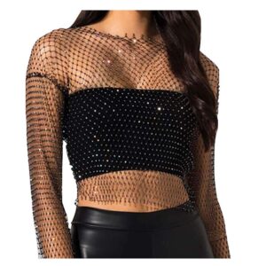 fstrend mesh body chains crystal long sleeve fishnet crop tops rhinestone see through cover up bikini for women