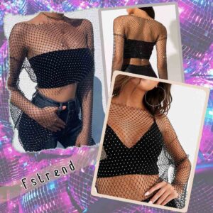 Fstrend Mesh Body Chains Crystal Long Sleeve Fishnet Crop Tops Rhinestone See Through Cover up Bikini for Women