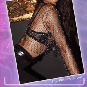 Fstrend Mesh Body Chains Crystal Long Sleeve Fishnet Crop Tops Rhinestone See Through Cover up Bikini for Women