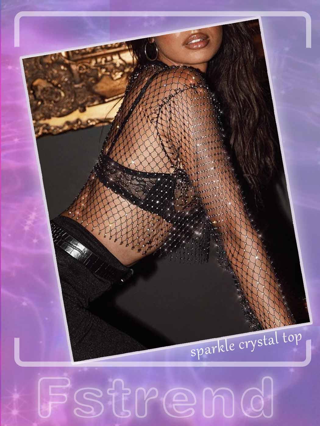 Fstrend Mesh Body Chains Crystal Long Sleeve Fishnet Crop Tops Rhinestone See Through Cover up Bikini for Women