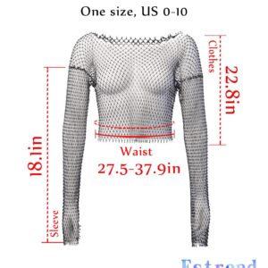 Fstrend Mesh Body Chains Crystal Long Sleeve Fishnet Crop Tops Rhinestone See Through Cover up Bikini for Women