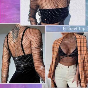 Fstrend Mesh Body Chains Crystal Long Sleeve Fishnet Crop Tops Rhinestone See Through Cover up Bikini for Women