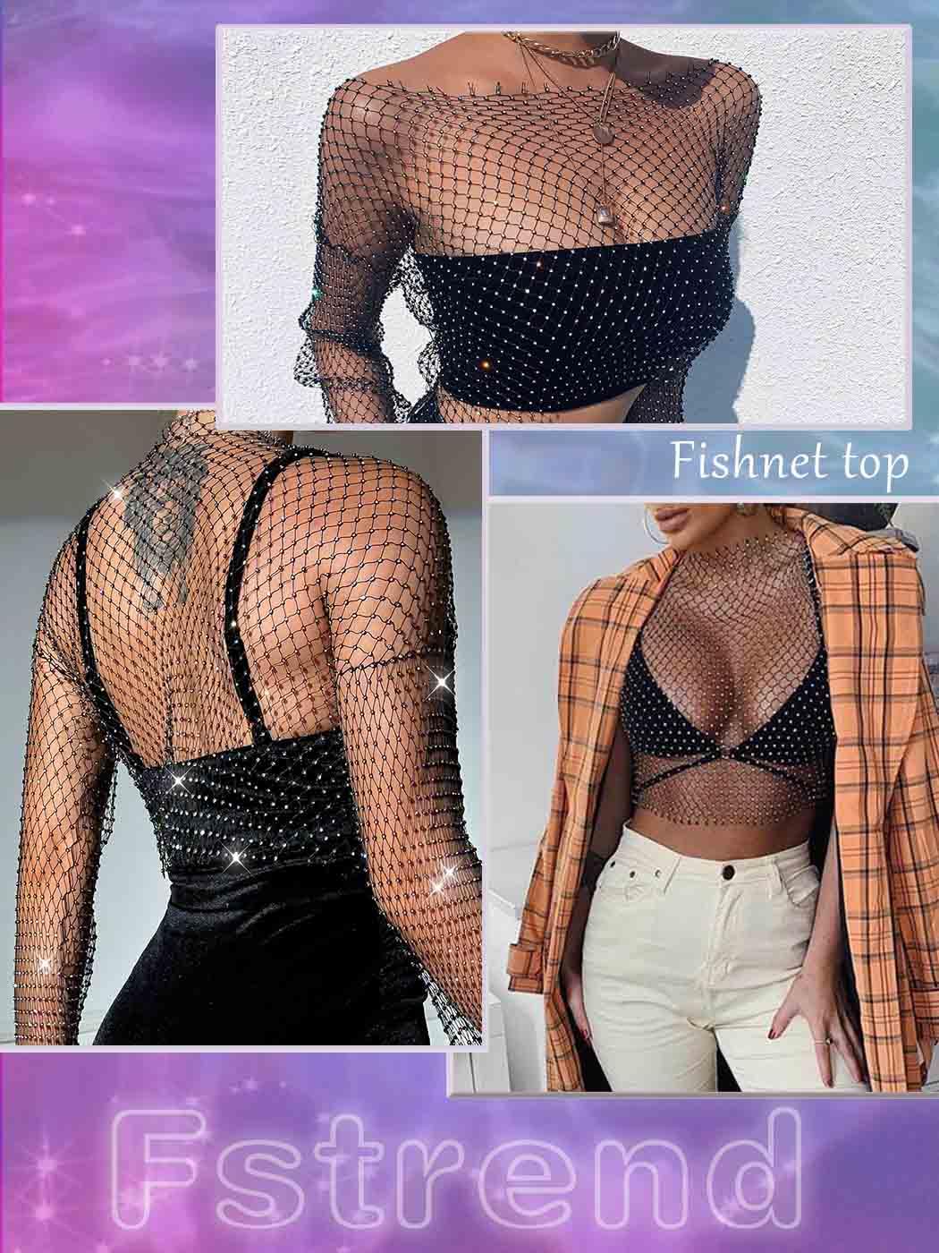 Fstrend Mesh Body Chains Crystal Long Sleeve Fishnet Crop Tops Rhinestone See Through Cover up Bikini for Women