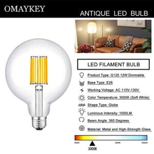 OMAYKEY 12W Dimmable Large LED Globe Bulb 3000K Soft White, 100W Equivalent 1000 LM E26 Medium Base, Vintage Edison G125 Large Globe Clear Glass LED Filament Light Bulb, Deep Dimming Version