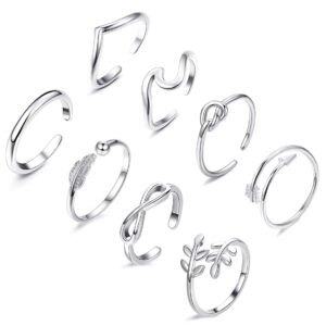 funeia 8pcs 14k gold plated adjustable rings for women, silver stackable knuckle rings for teen, arrow knot wave open stacking dainty thumb rings set