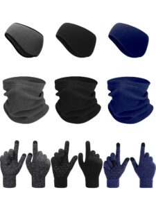 9 pcs unisex winter accessory set include fleece ear warmers headband earmuff winter neck gaiter touchscreen knit gloves(black, navy blue, grey)