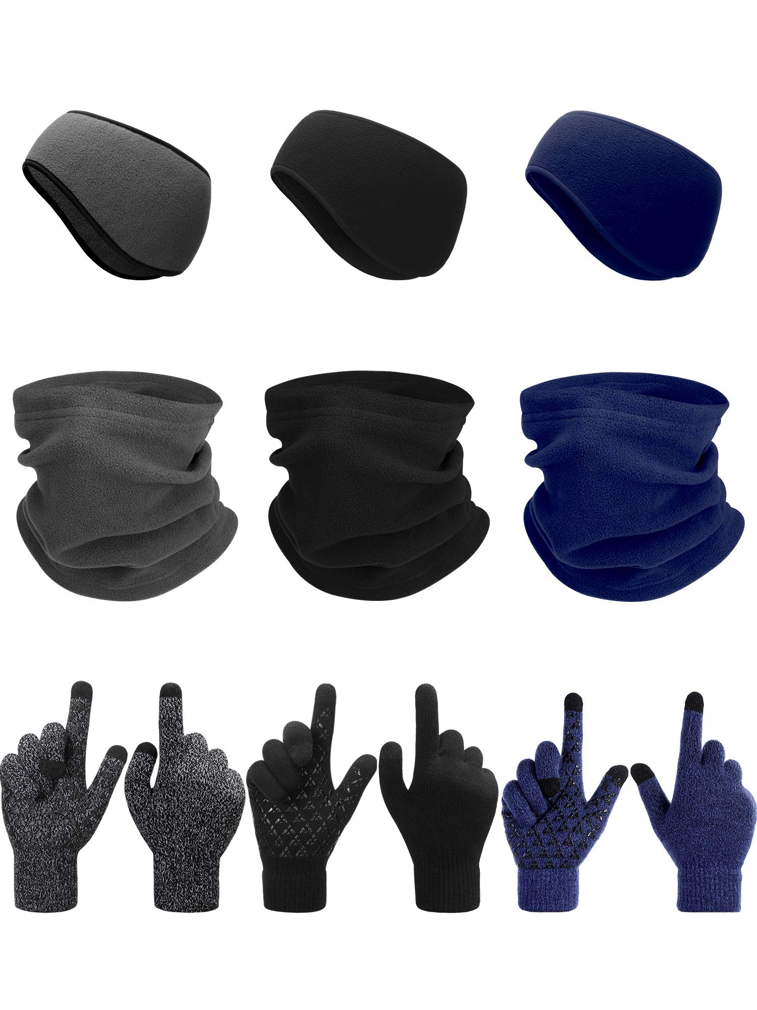 9 Pcs Unisex Winter Accessory Set Include Fleece Ear Warmers Headband Earmuff Winter Neck Gaiter Touchscreen Knit Gloves(Black, Navy Blue, Grey)