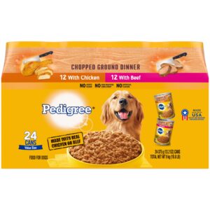 pedigree chopped ground dinner adult canned soft wet dog food variety pack, with chicken and beef, 13.2 oz. cans 24 pack