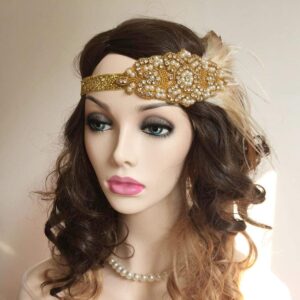 asooll 1920s feather headband gold vintage crystal flapper headpiece headdress prom head accessories for women and girls