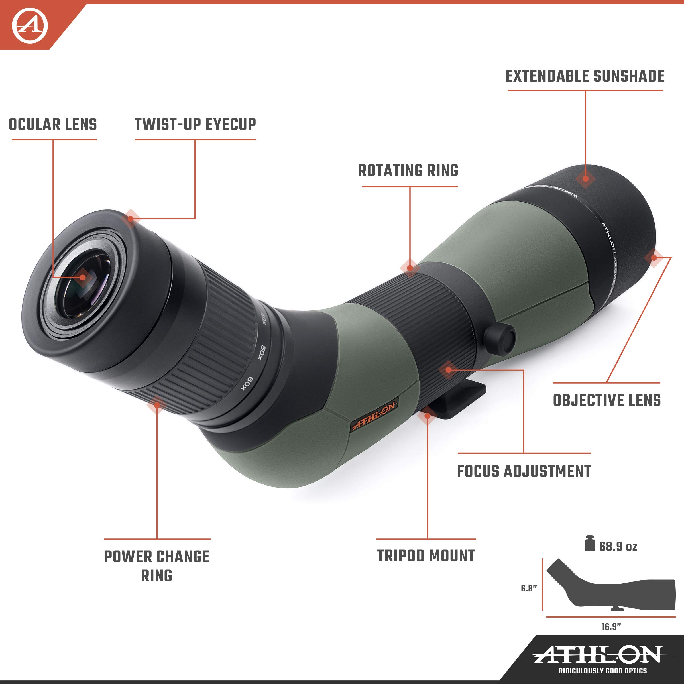 Athlon Optics Argos HD 20-60x85 Spotting Scope - 45 Degree, Green/Black