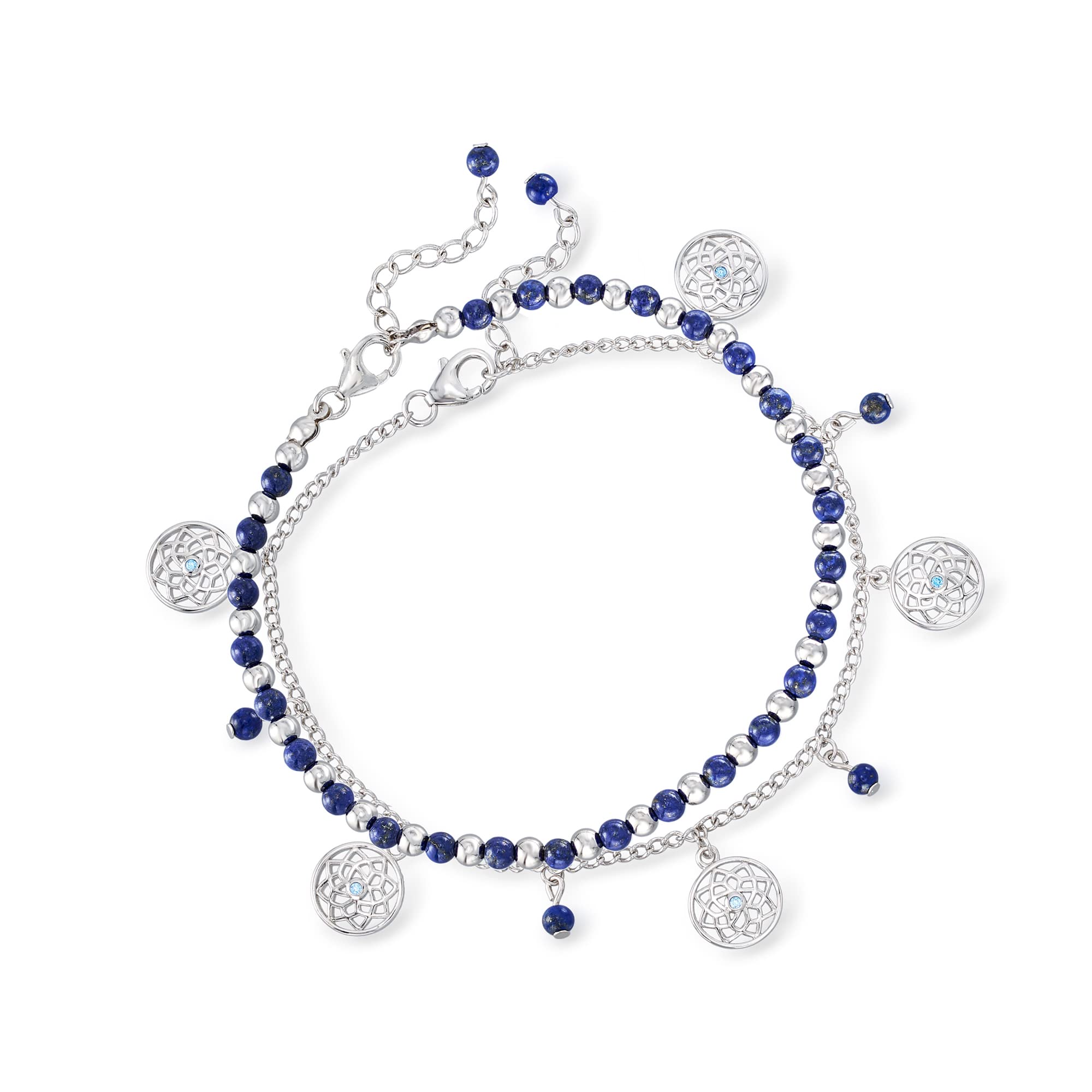 Ross-Simons Lapis Bead Jewelry Set: 2 Charm Anklets in Sterling Silver. 9 inches