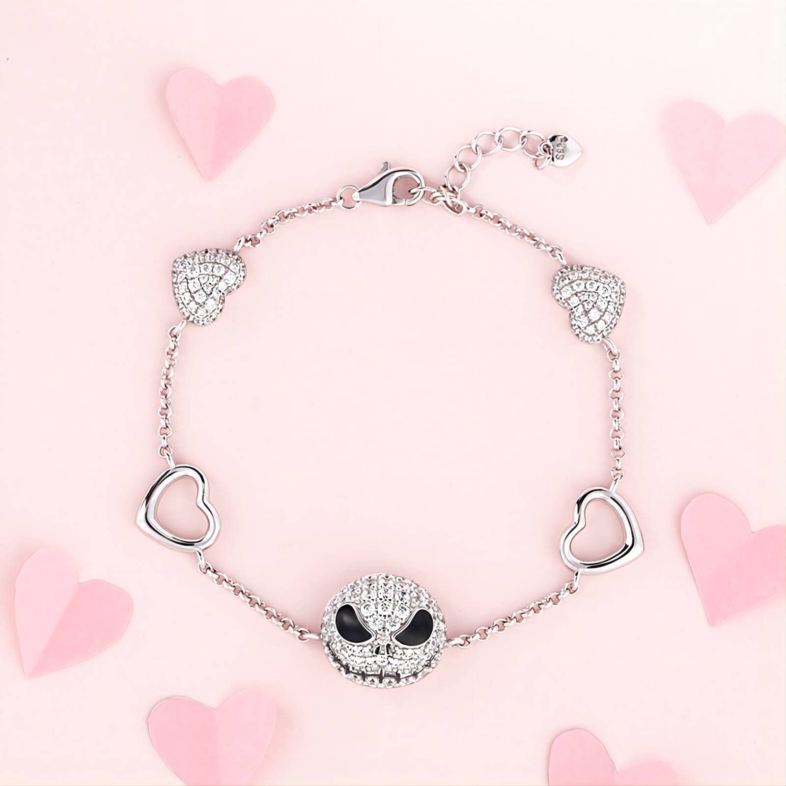 Jeulia 2.5 Carat Jack Skellington Charm Bracelet For Women 925 Sterling Silver Nightmare Before Christmas Bead Bracelet Horror Movie Costume Jewelry Link Bracelet with Adjustable Infinity Chain