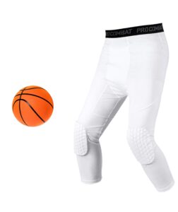 unlimit basketball compression pants with pads, white 3/4 capri pants padded, basketball tights leggings (3xl)