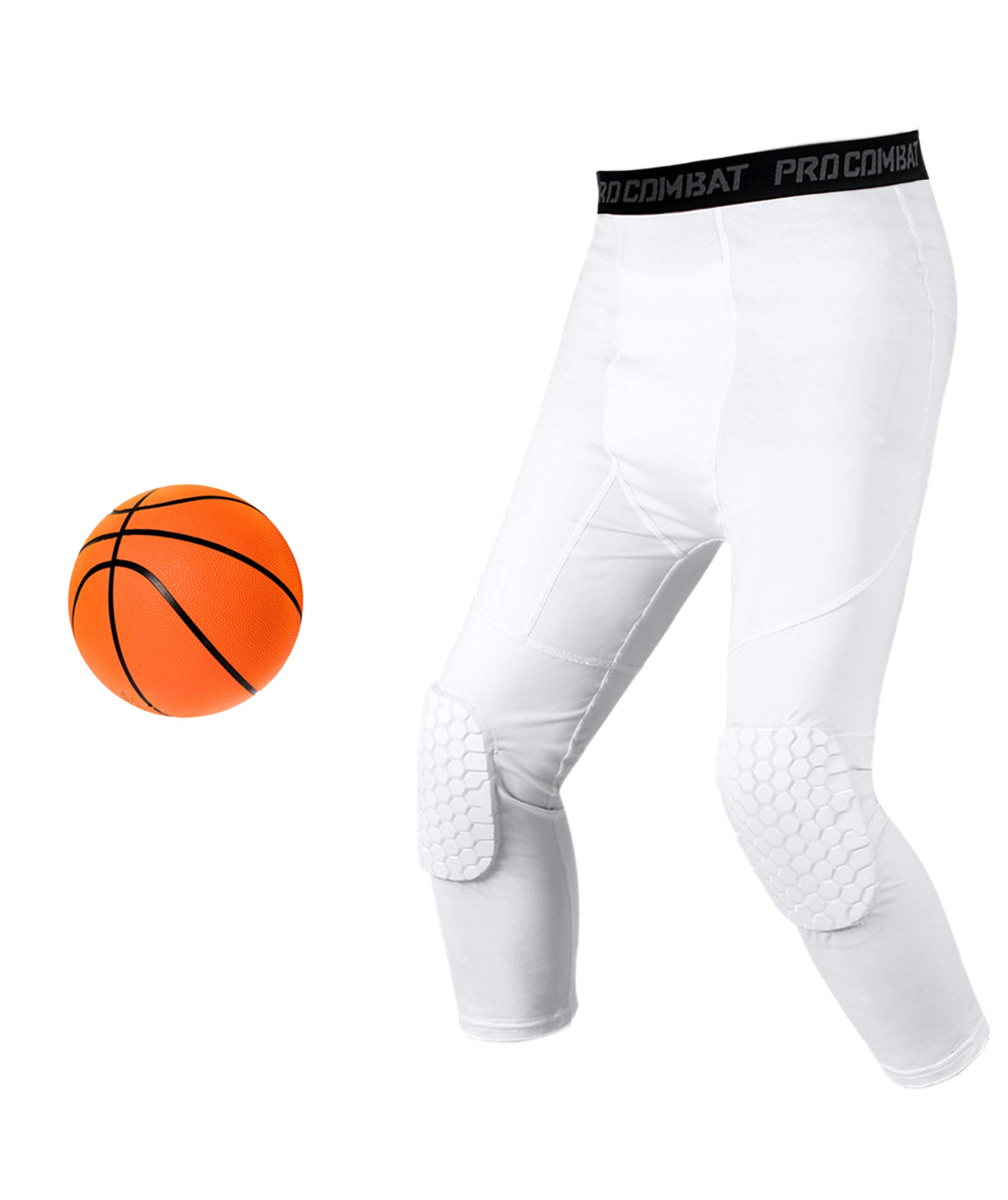 Unlimit Basketball Compression Pants with Pads, White 3/4 Capri Pants Padded, Basketball Tights Leggings (3XL)