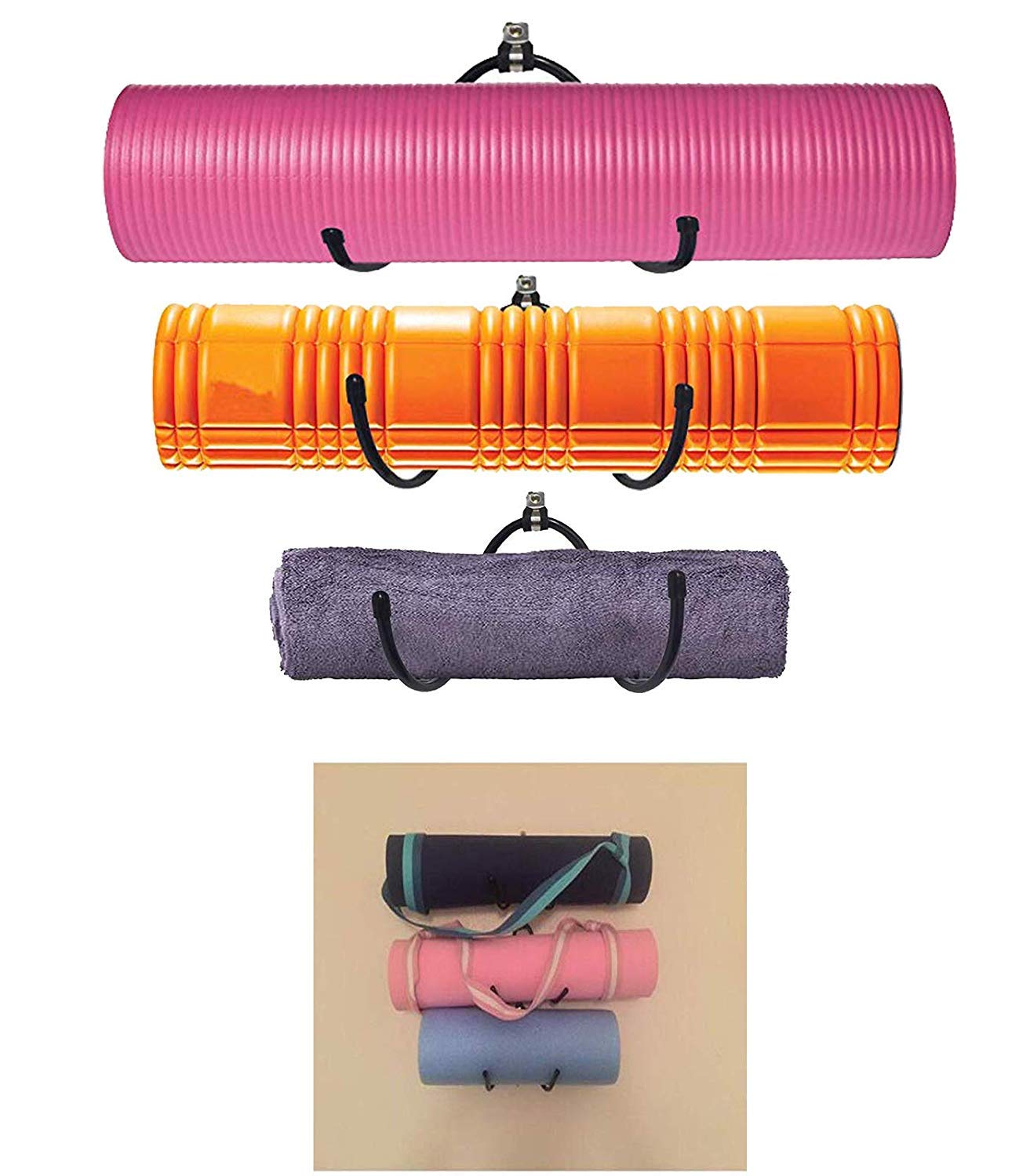 3 Pack Wall Mount Foam Roller Holder and Yoga Mat Storage and Towel Rack - Flexible Adjustable Hooks - Ideal for Home, Small Studio,Fitness Class or Commercial use