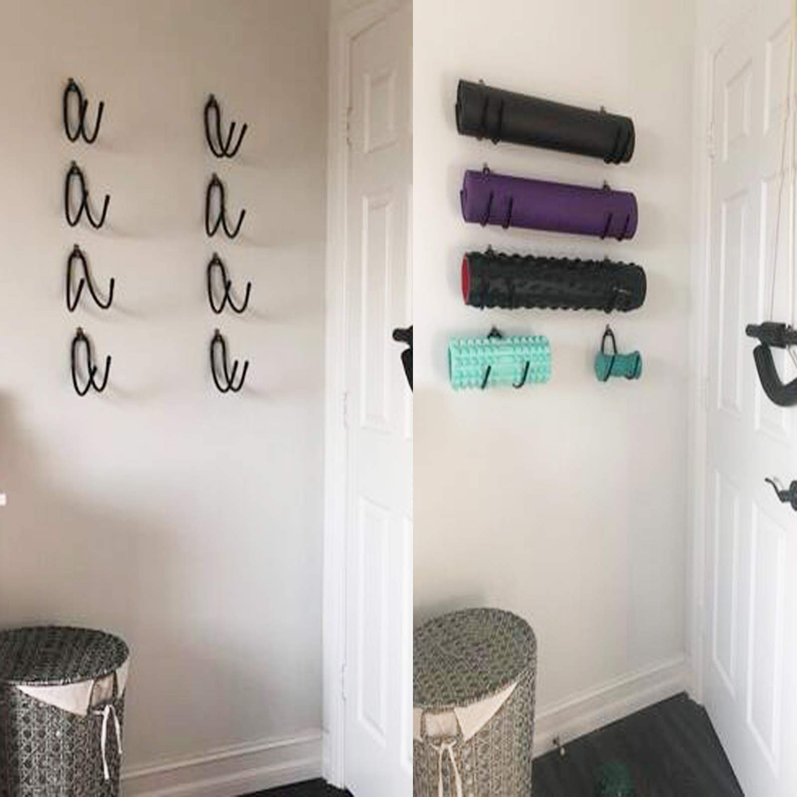 3 Pack Wall Mount Foam Roller Holder and Yoga Mat Storage and Towel Rack - Flexible Adjustable Hooks - Ideal for Home, Small Studio,Fitness Class or Commercial use