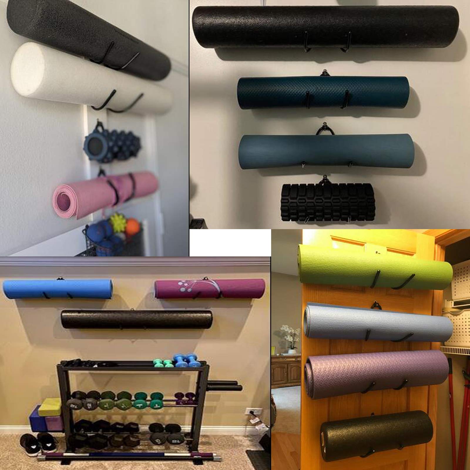 3 Pack Wall Mount Foam Roller Holder and Yoga Mat Storage and Towel Rack - Flexible Adjustable Hooks - Ideal for Home, Small Studio,Fitness Class or Commercial use