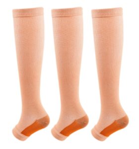 3pairs open toe toeless compression socks(15-20mmhg) for men women support stocking (beige, l/xl)