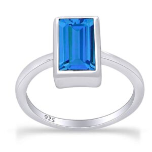 AFFY Jewelry Gifts Emerald Cut Simulated Blue Topaz Geometric Vertical Bar Statement Bridal Wedding Ring 14k White Gold Over Sterling Silver Ring Size-7.5