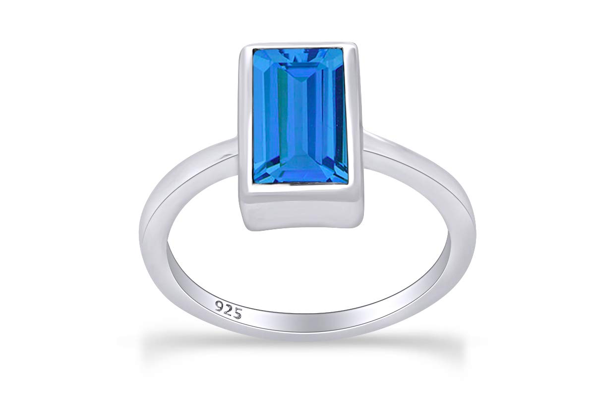 AFFY Jewelry Gifts Emerald Cut Simulated Blue Topaz Geometric Vertical Bar Statement Bridal Wedding Ring 14k White Gold Over Sterling Silver Ring Size-7.5