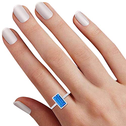 AFFY Jewelry Gifts Emerald Cut Simulated Blue Topaz Geometric Vertical Bar Statement Bridal Wedding Ring 14k White Gold Over Sterling Silver Ring Size-7.5