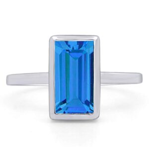 AFFY Jewelry Gifts Emerald Cut Simulated Blue Topaz Geometric Vertical Bar Statement Bridal Wedding Ring 14k White Gold Over Sterling Silver Ring Size-7.5