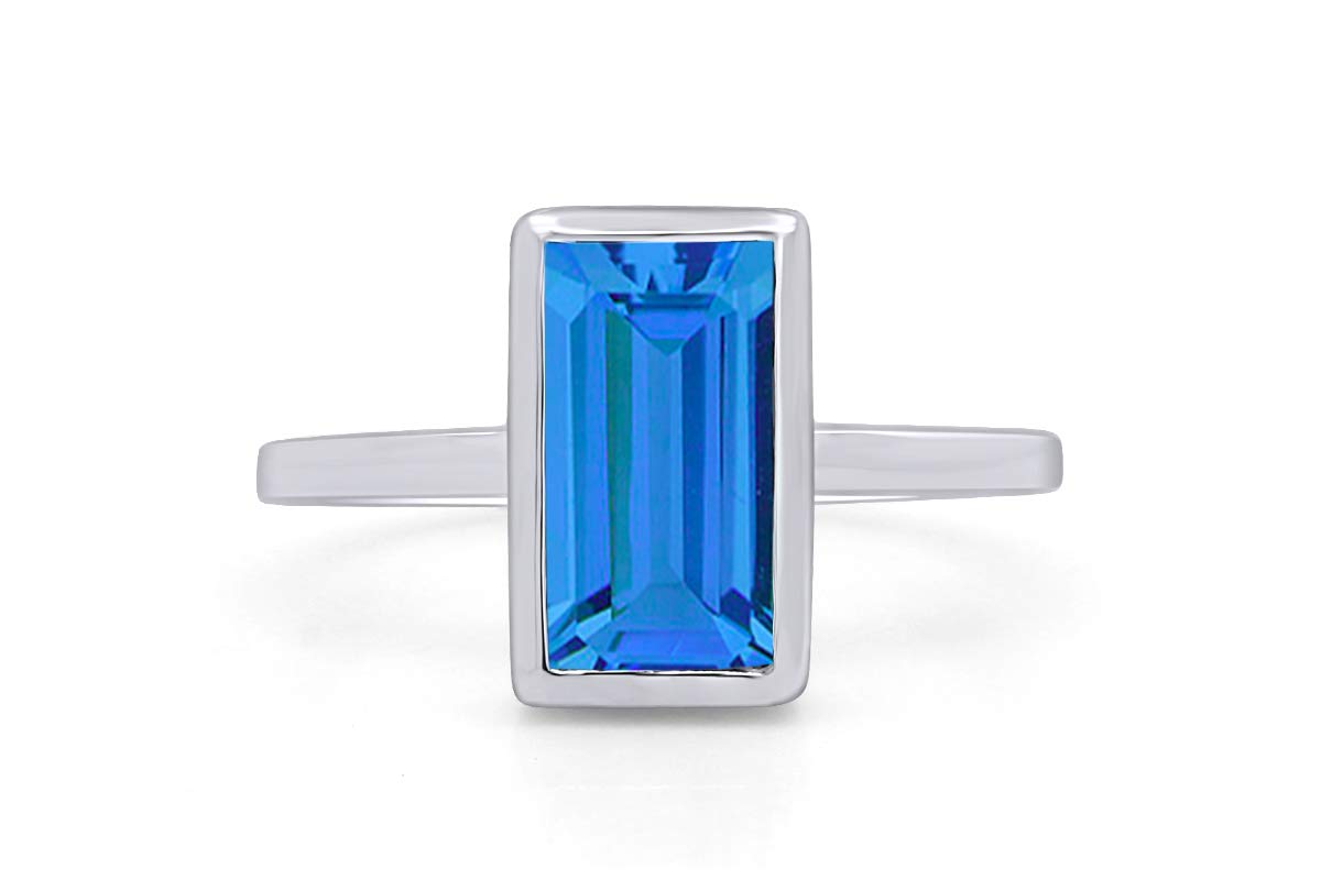 AFFY Jewelry Gifts Emerald Cut Simulated Blue Topaz Geometric Vertical Bar Statement Bridal Wedding Ring 14k White Gold Over Sterling Silver Ring Size-7.5